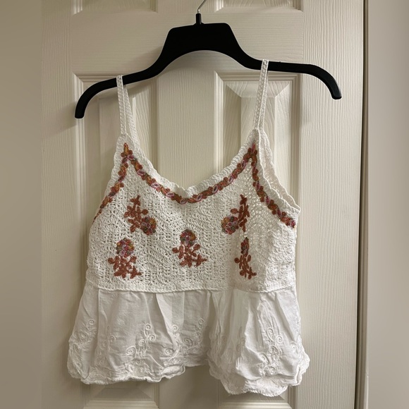 Tops | Thailand Crochet Linen Floral White Peplum Babydoll Tank Top ...